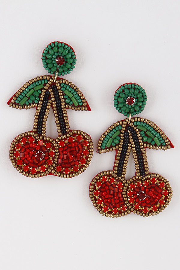 132308 RED Cherry Beaded Earrings 9DCA9 - Dangle Earrings