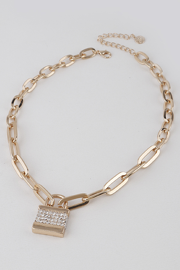 25N1053 GOLD CLEAR Lock Pendant Bulky Necklace - Pendants