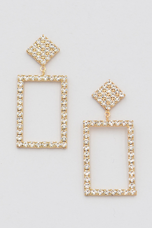 AME2787 GOLD Open Cut Rhinestone Square Drop Earring. - Rhinestone Earrings
