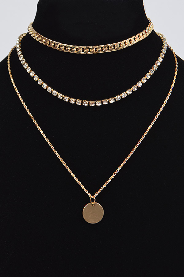 AMN3316 GOLD Three Layered Necklace with Round Pendant. - Chain Necklaces