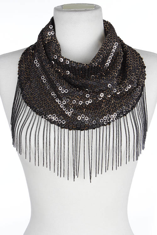 BN0097 SILVER Sequin All Over Scarf with Tassel Chain Detail 5JAG ...