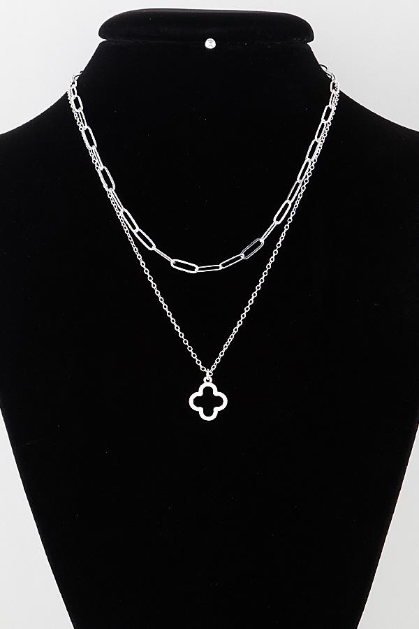 CN1130 SILVER Double Open Clover Chain Necklace - Necklaces