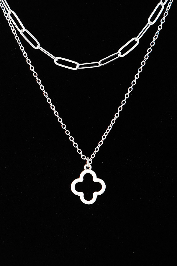 CN1130 SILVER Double Open Clover Chain Necklace - Necklaces