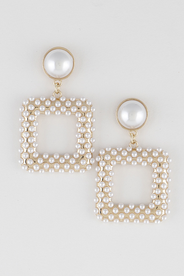 ELE1751 GOLD CLEAR Open Cut Rectangle Pearl Beads Drop Earring - Dangle ...