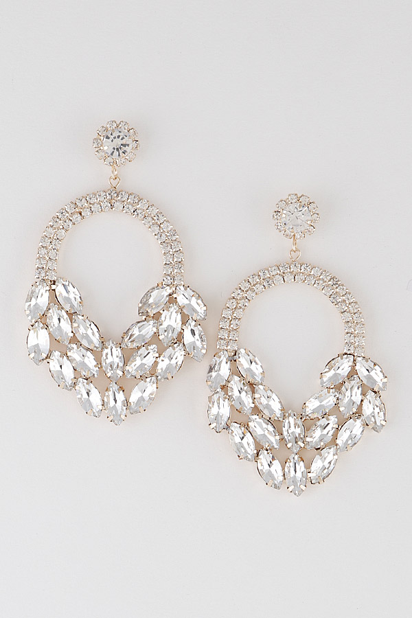 FE1377 GOLD CLEAR Rhinestone Leaf Stem Earring - Rhinestone Earrings