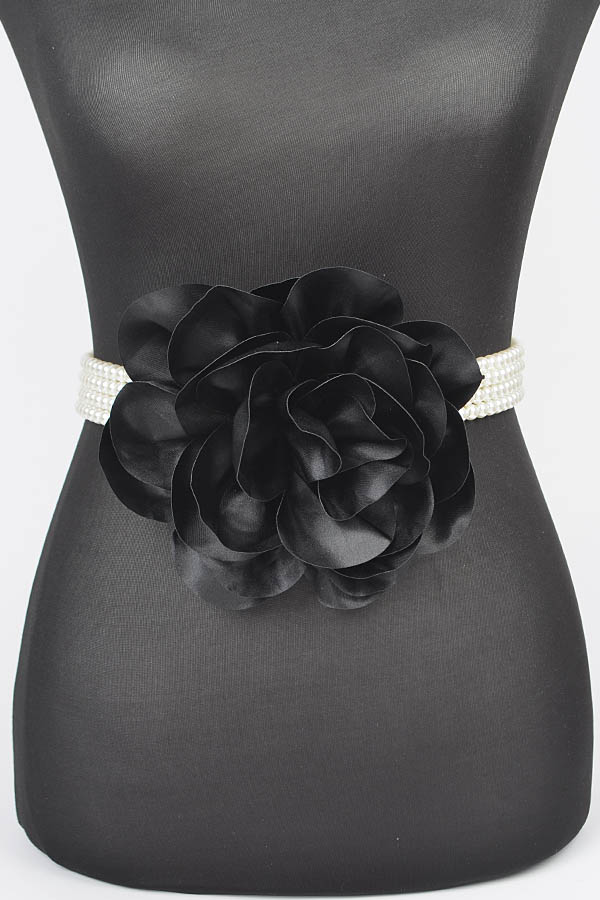 HB8693 BLACK Oversized Flower Pearl Plus Size Elastic Belt - Plus Size Belt