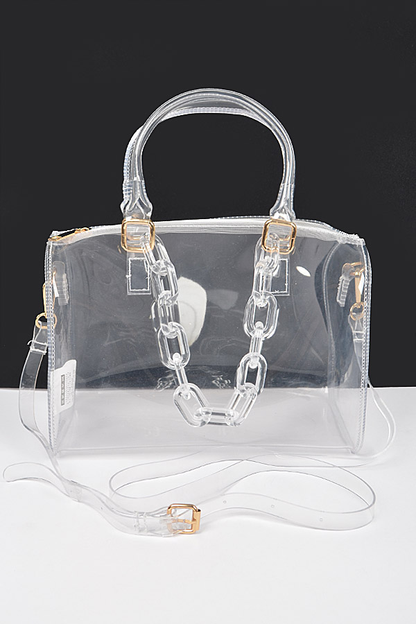 HPC3869 CLEAR Transparent Duffle Bag W/Acrylic Chain - Clutch & Wallet