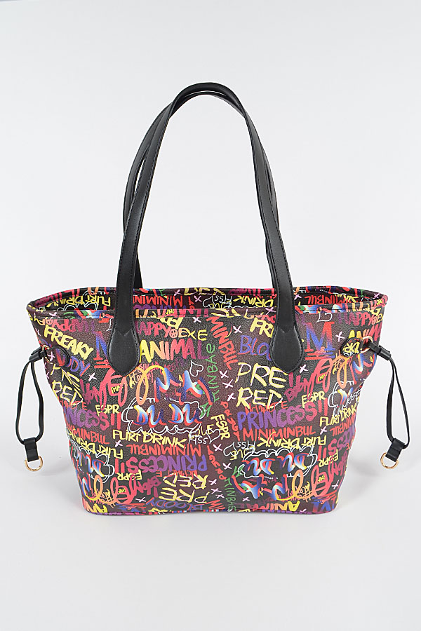 HPP1013 BLACK Bk Multi Graffiti Tote Bag - Fashion Handbags