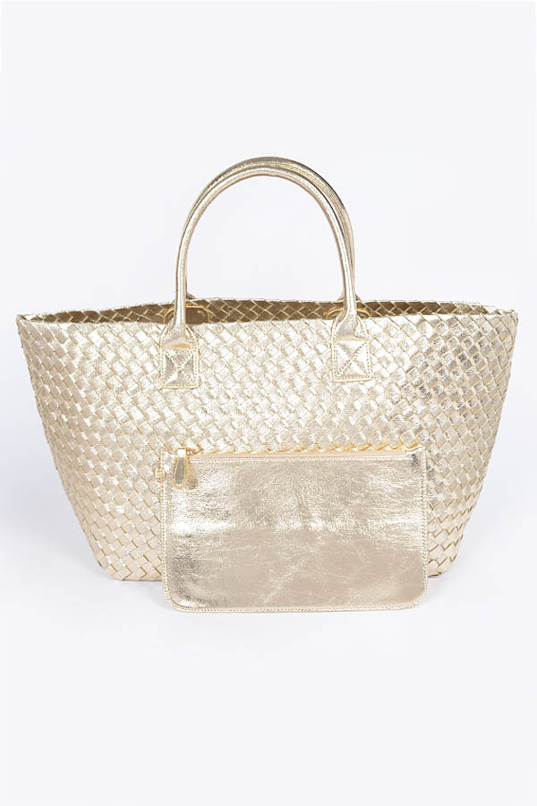 HPP1136 GOLD Metallic Faux Leather Braided Tote Bag - Fashion Handbags
