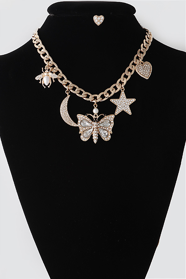 JCNE2791 GOLD CREAM Multi Pendant Necklace N Earrings Set - Pendants
