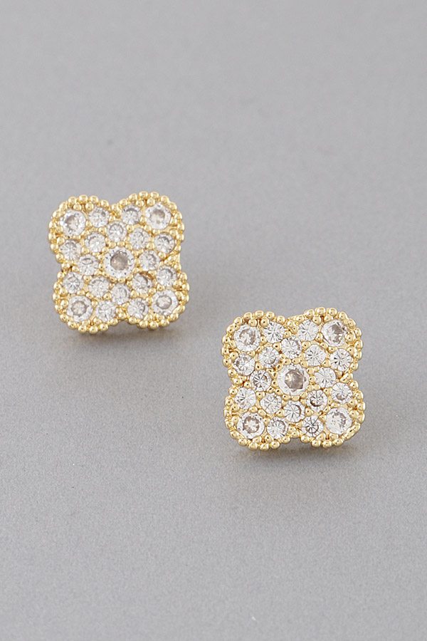 JE1006 GOLD CLEAR Jeweled Clover Stud Earrings