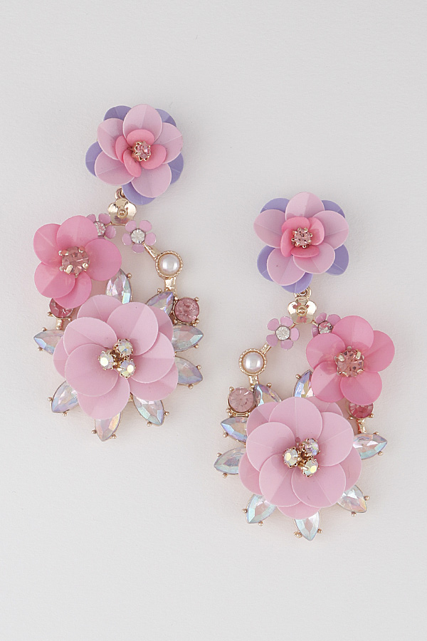 JE1037 PINK Attached Beads Flower Drop Earring - Dangle Earrings
