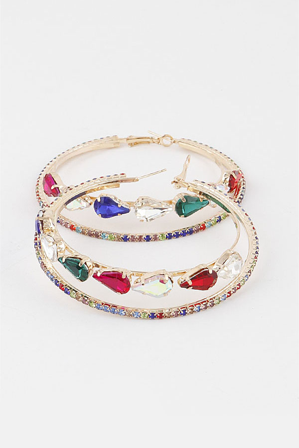 KE2415 GOLD MULTICOLOR Multi Jewel Hoop Earrings