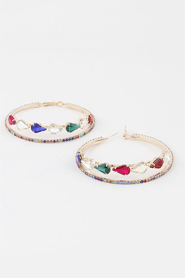 KE2415 GOLD MULTICOLOR Multi Jewel Hoop Earrings