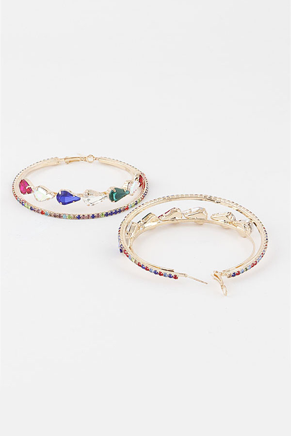 KE2415 GOLD MULTICOLOR Multi Jewel Hoop Earrings