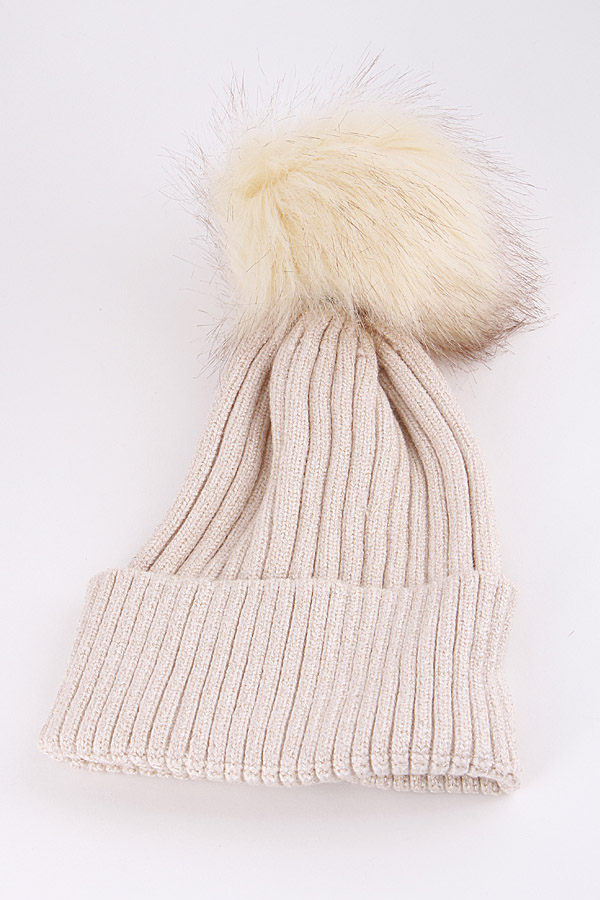 LCH178 BROWN Winter Adjustable Beanie With Puff Ball 8KAD - Cap/Beanie