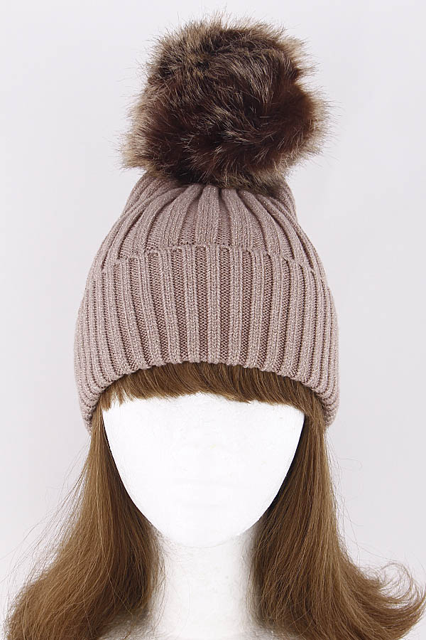 LCH178 BROWN Winter Adjustable Beanie With Puff Ball 8KAD - Cap/Beanie