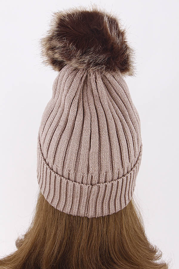 LCH178 BROWN Winter Adjustable Beanie With Puff Ball 8KAD - Cap/Beanie