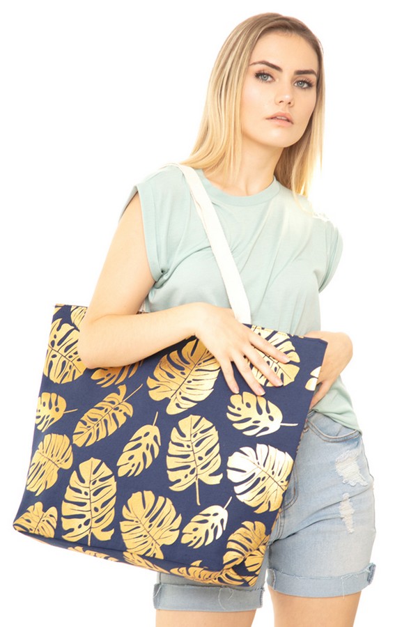 MB0085 NAVY GOLD FOIL TROPICAL LEAVES BEACH BAG - Fashion Handbags