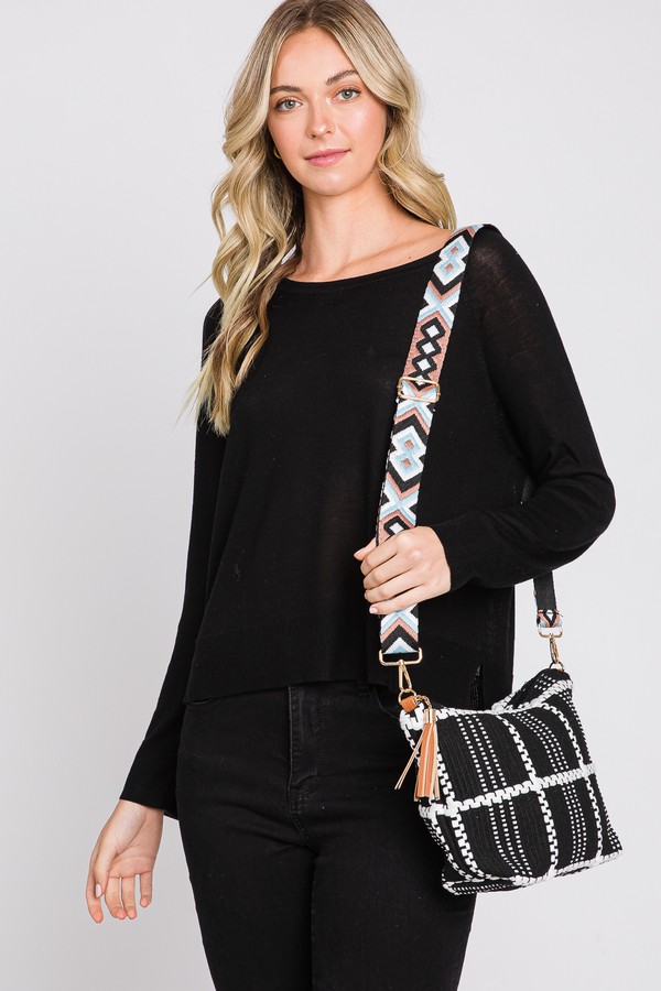 MB0196 BLACK Checked Pattern Tassel Crossbody Bag - Fashion Handbags