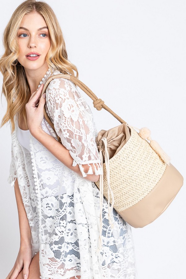 MB0209 BEIGE PU BOTTOM STRAW BUCKET BAG WITH TASSEL. - Newly Updated ...