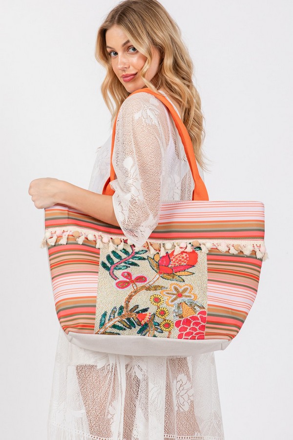 MB0252 ORANGE Boho Print Fringe Tote Bag - Fashion Handbags