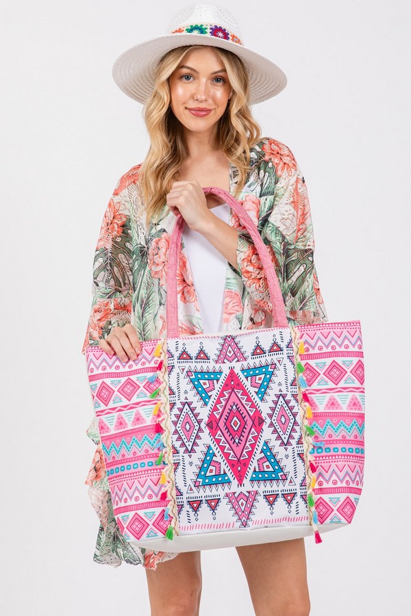 MB0254 PINK Boho Print Fringe Tote Bag - Newly Updated Fashion Handbags