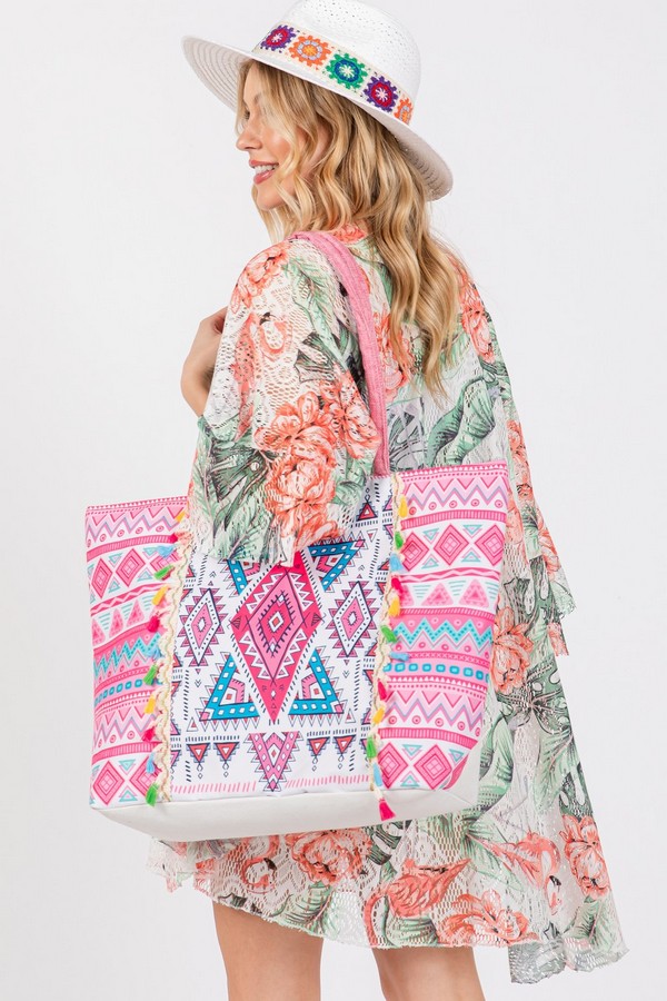 MB0254 PINK Boho Print Fringe Tote Bag - Newly Updated Fashion Handbags