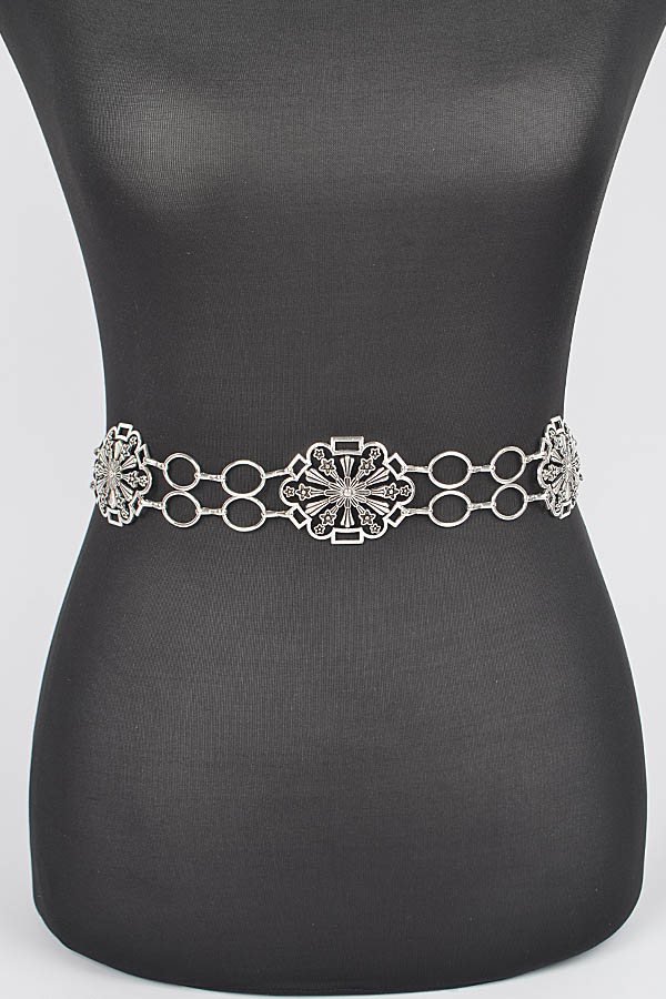 PB6617 ANTIQUE GOLD Filigree Double Chain Linked Belt - Chain Belts