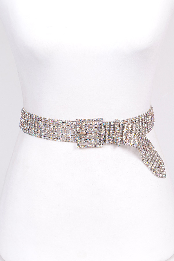 PB7327 AB SILVER Adjustable Rhinestone Shiny Belt. - Fashion Belts
