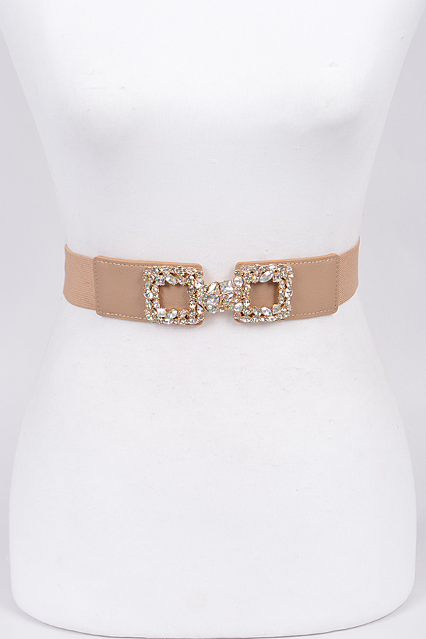 PB7567 KHAKI Various Rhinestone Elastic Belt - Fashion Belts