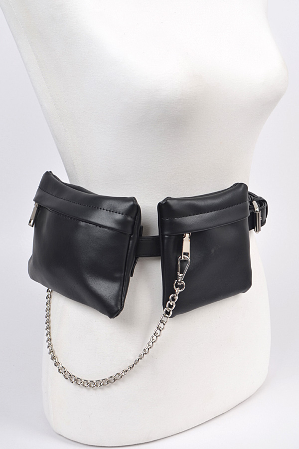 PB7705 BLACK Leather With Chain Fanny Pack