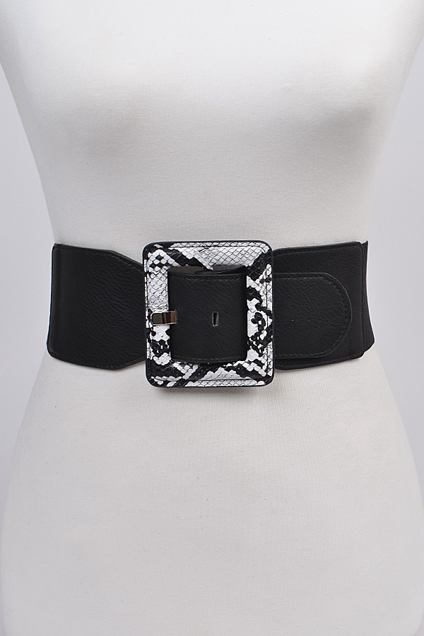 PB7748 BLACK Snakeskin Rectangle Buckle Belt - Fashion Belts