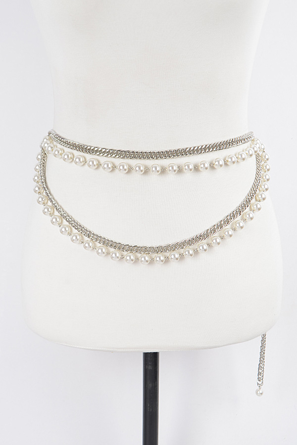 PB7764 SILVER Pearl Beaded Chain Drop Belt - Chain Belts
