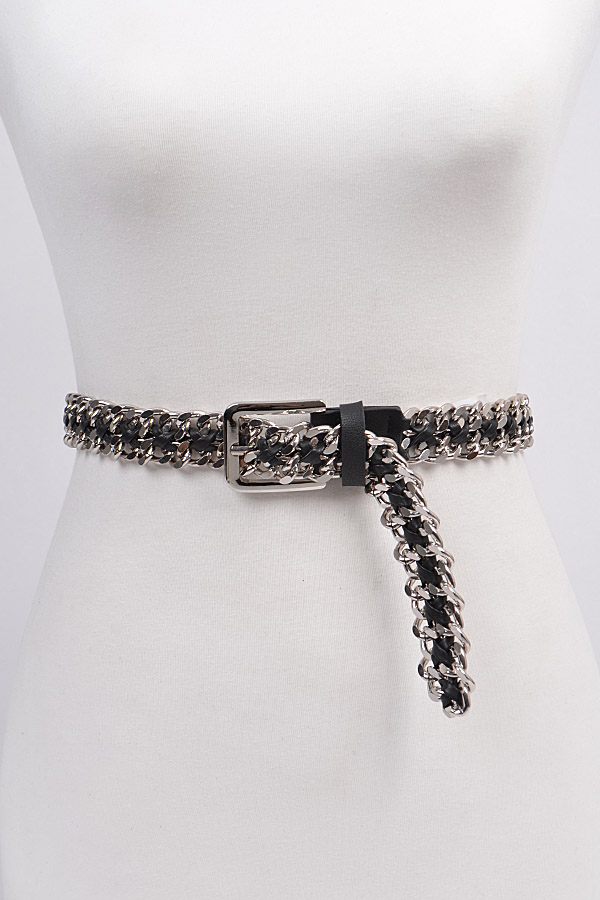 PB7778 BLACK SILVER Cross Chain Leather Buckle Belt - Fashion Belts