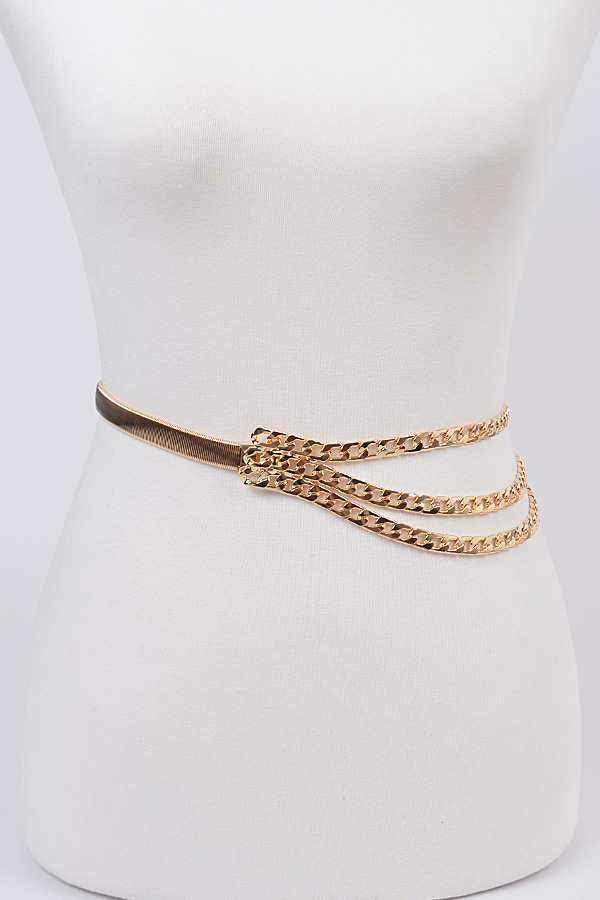 PB7848 GOLD Oversized Spring Belt w/ Three layered chains. - Chain Belts