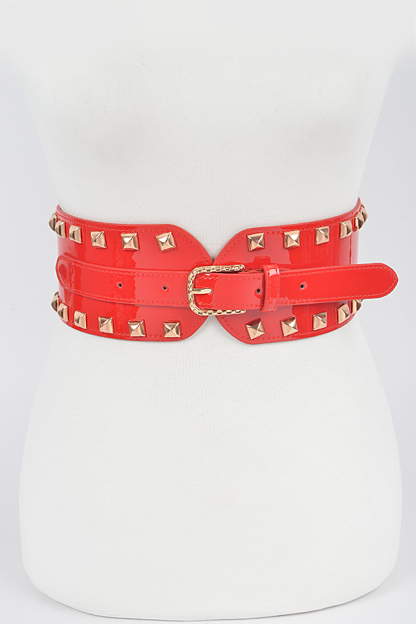 PB8045 RED GOLD Studded Wide Stretch Belt - Fashion Belts