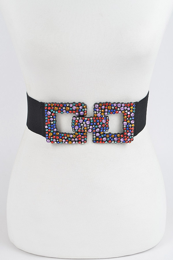 PB8363 MULTICOLOR Rhinestone Buckle Elastic Belt - Fashion Belts