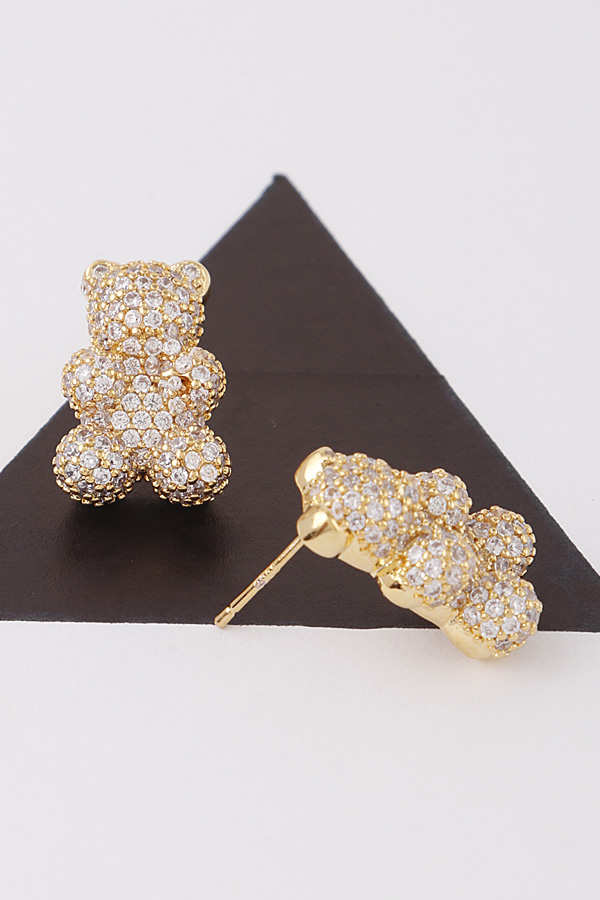 PE2290 GOLD CLEAR Jeweled Teddy Bear Stud Earrings