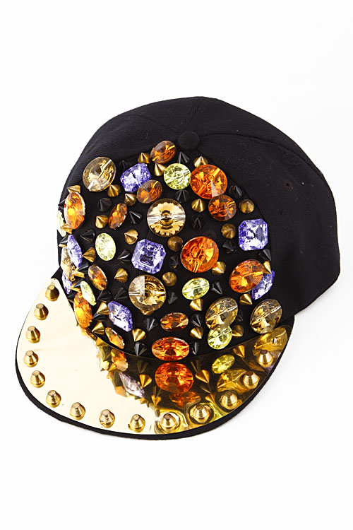 PH1174 BLACK Multicolor Jewel Studded Golden Cap - Hats