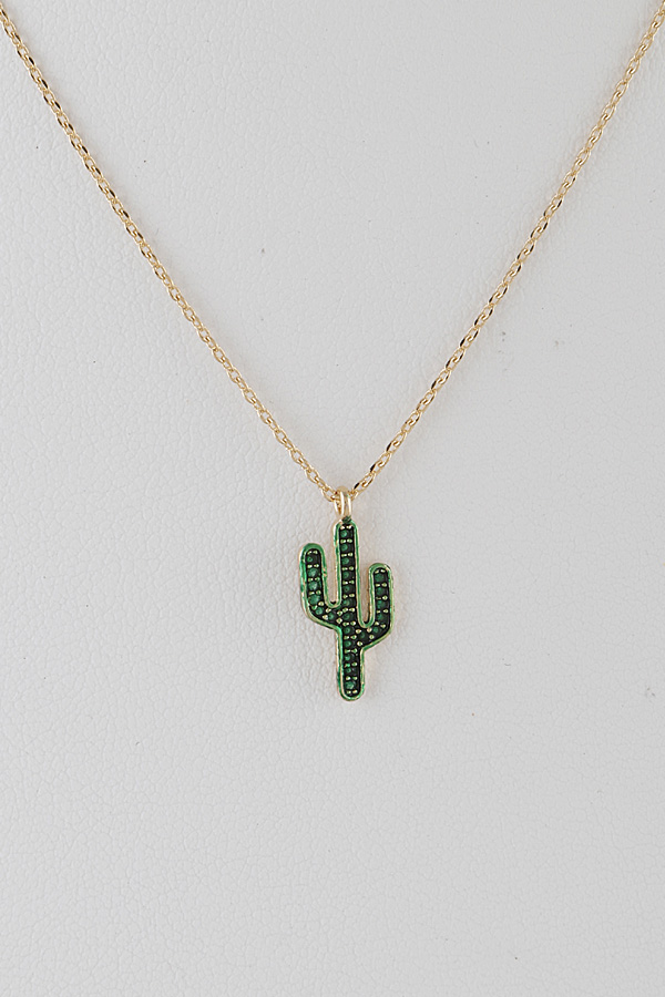 PN1669 GOLD GREEN Cactus Pendant Necklace 9JBC3 - Chain Necklaces