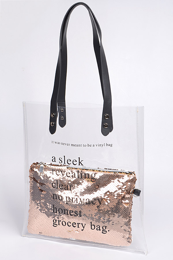PP7015 SILVER Clear PVC Bag with Sequin Pouch - Fashion Handbags