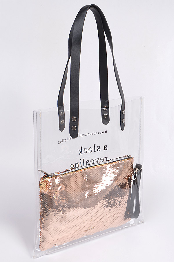PP7015 SILVER Clear PVC Bag with Sequin Pouch - Fashion Handbags