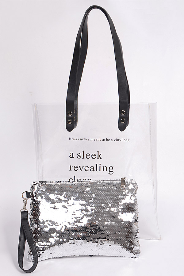 PP7015 SILVER Clear PVC Bag with Sequin Pouch - Fashion Handbags