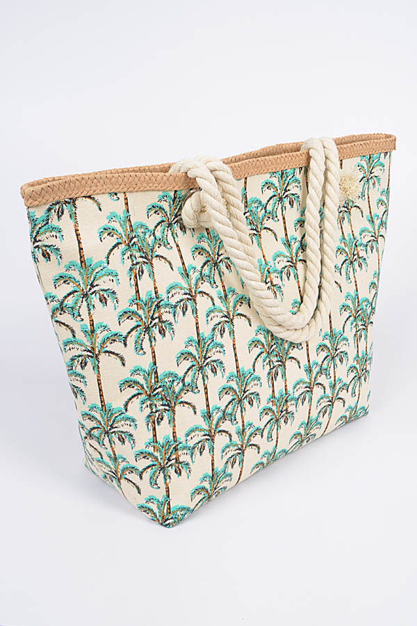 PP7039 MINT Oversized Palm Tree Printed With Straw Bag - Fashion Handbags