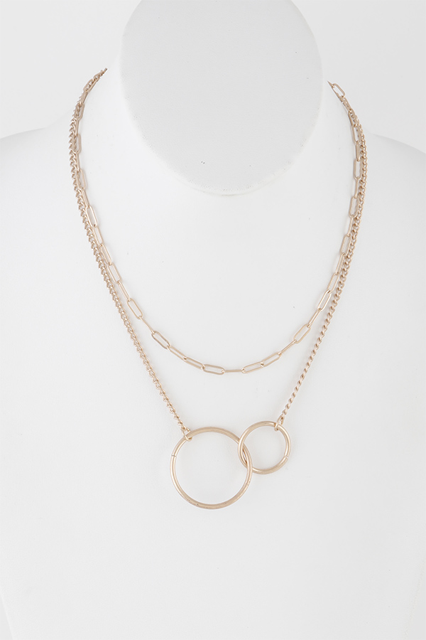 QN4079 Gold Double Ring Chain Necklace - Pendants